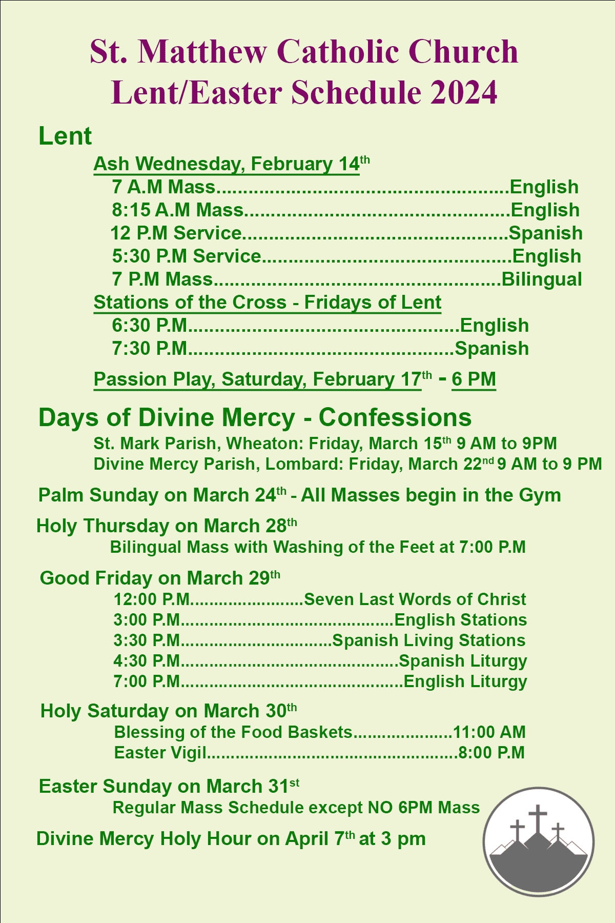 Lent / Easter Schedule – St Matthew Church